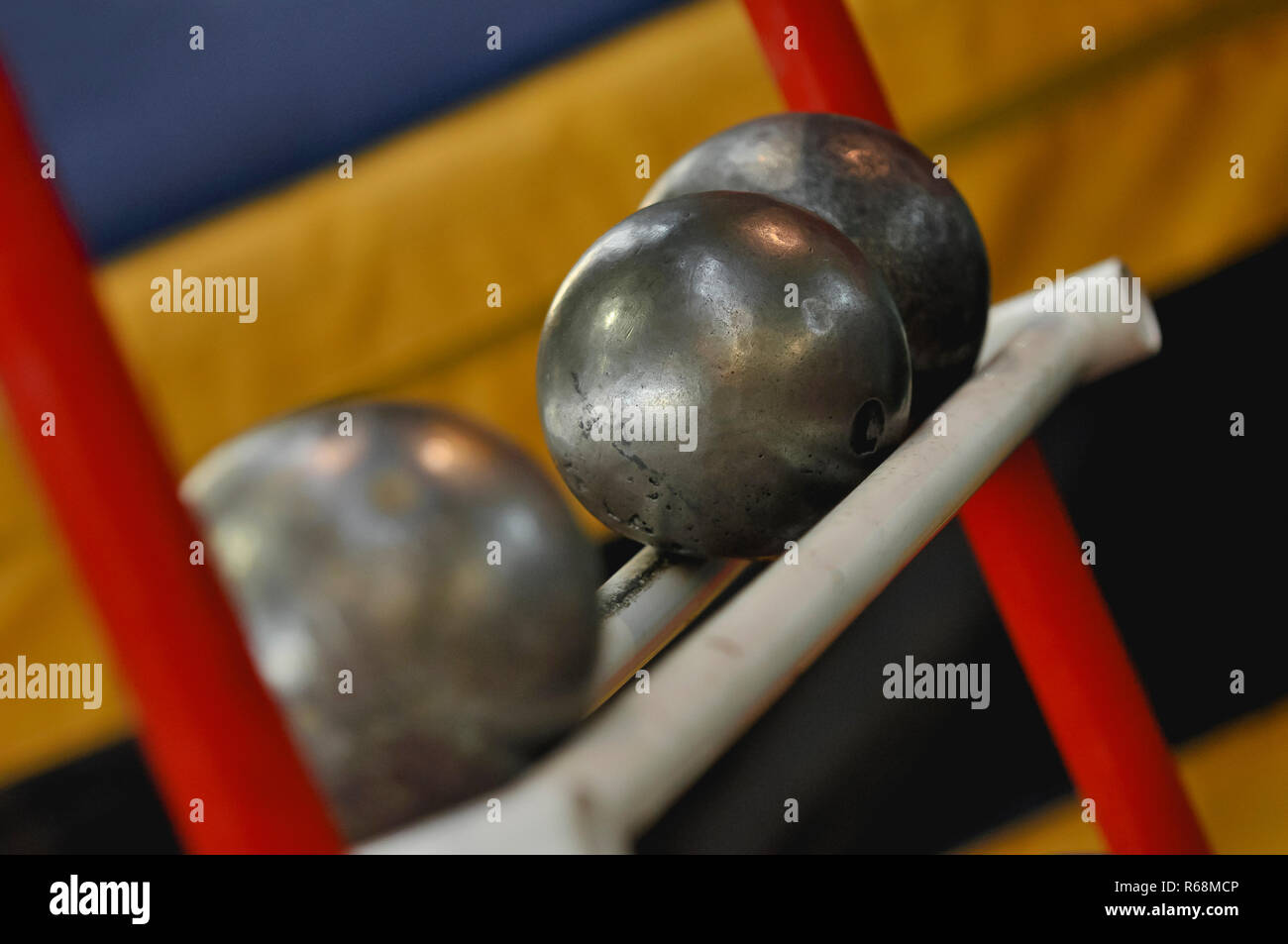 Shot put prepared for competition. Track and Field background Stock ...