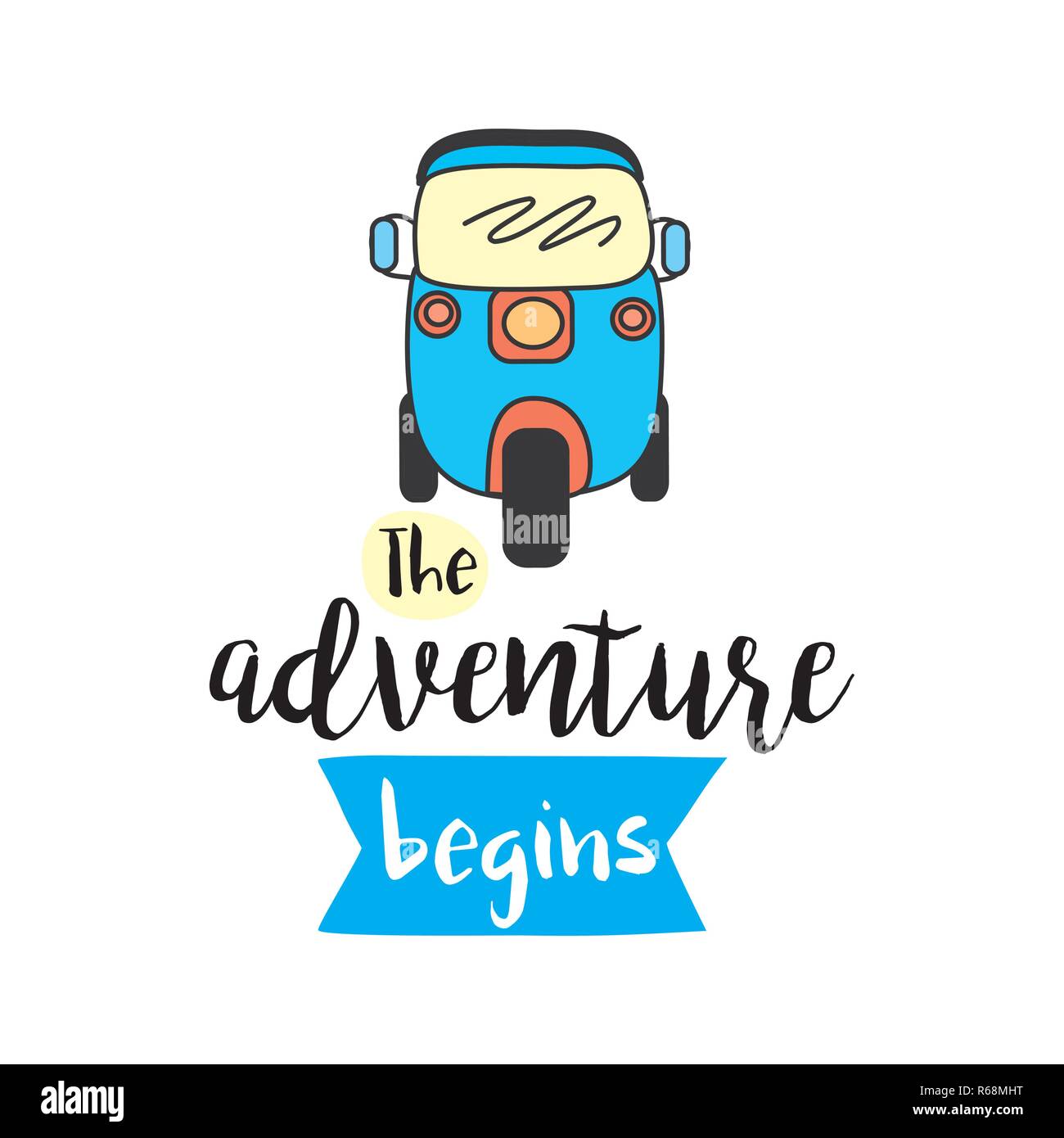 adventure begins - lettering and tuk tuk,isolated on white background,doodle vector illustration ...