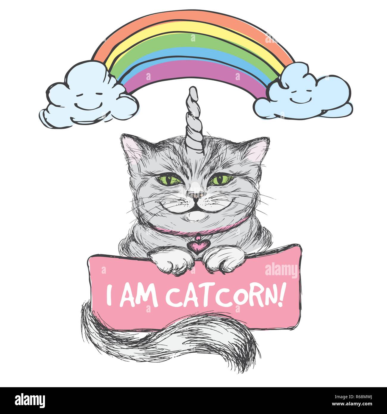 Cute hand drawn card, Cat with horn and inscription- I am catcorn ...
