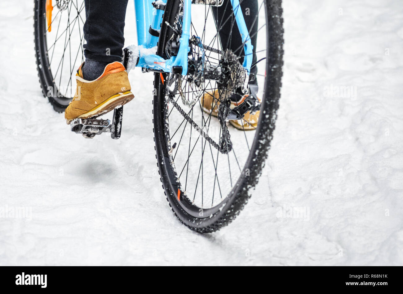 Cyclist on cyclocross bike trails in the snowy forest in winter. Winter ...