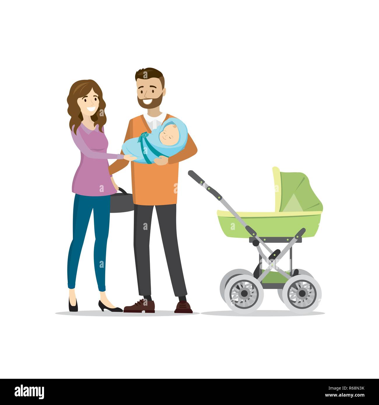 Family couple with newborn baby and pram,cartoon vector illustration ...