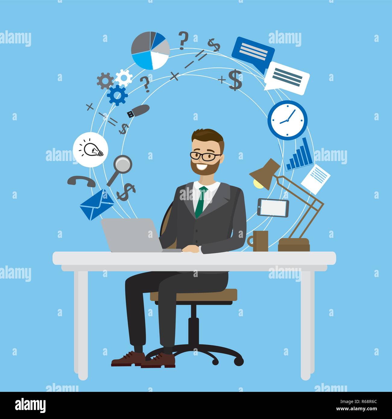 Business workplace,male sitting at a table and working on the Internet ...