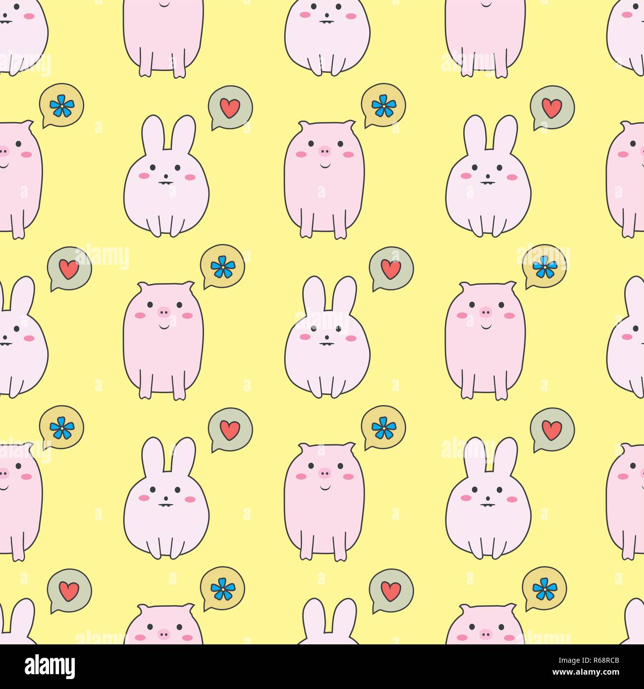Seamless pattern with cute rabbit and pig,funny doodle vector ...