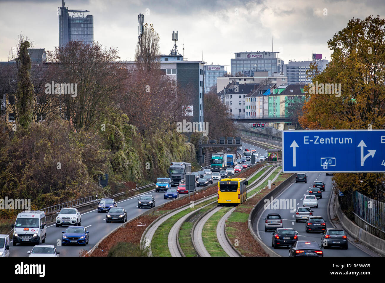 Highway, Autobahn A40, traffic in Essen, Germany, bus lane, this area ...