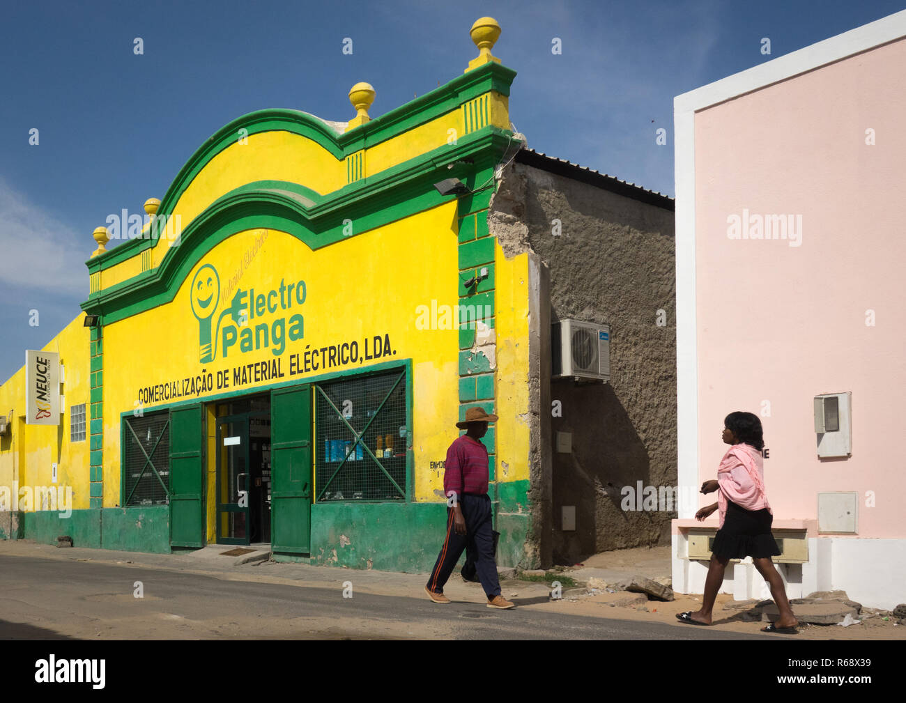 Electric shop in an old portuguese colonial building, Namibe Province ...