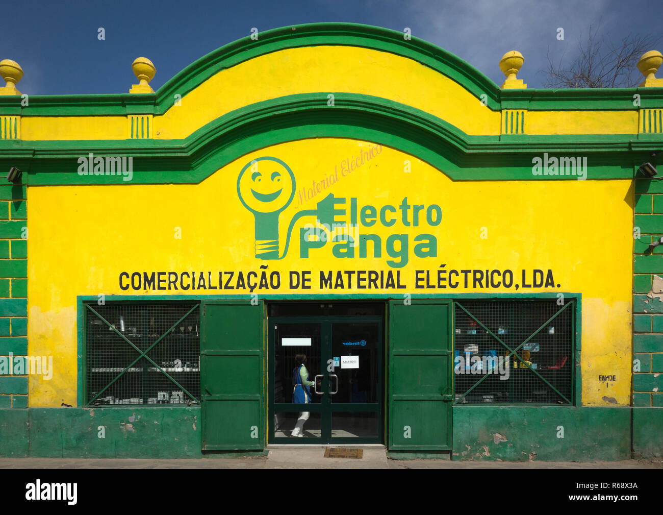 Electric shop in an old portuguese colonial building, Namibe Province ...