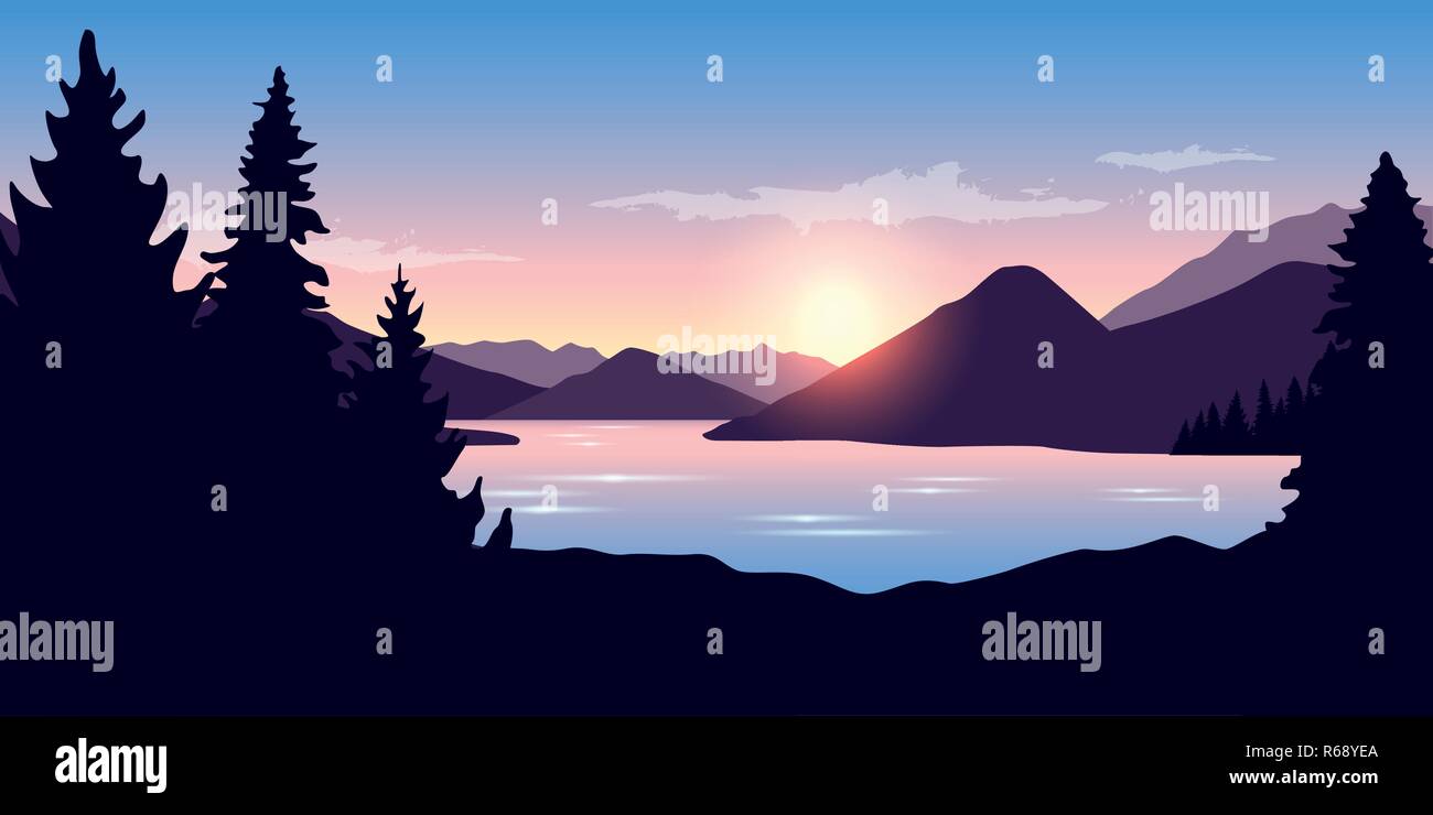 big river and forest nature landscape at sunrise in purple colors ...