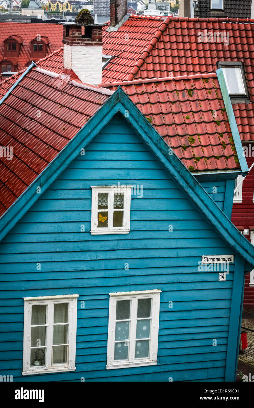 Traditional small blue wooden house in Bergen old town Stock Photo - Alamy