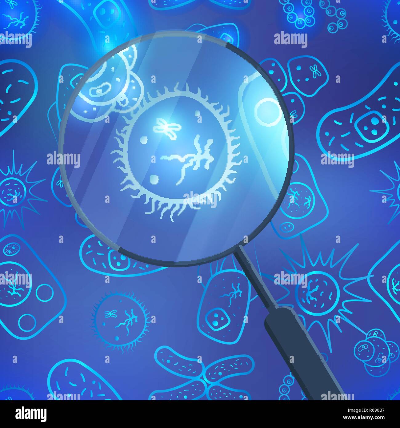 Bright glowy biology cells, bacterias and virus in blue water under ...