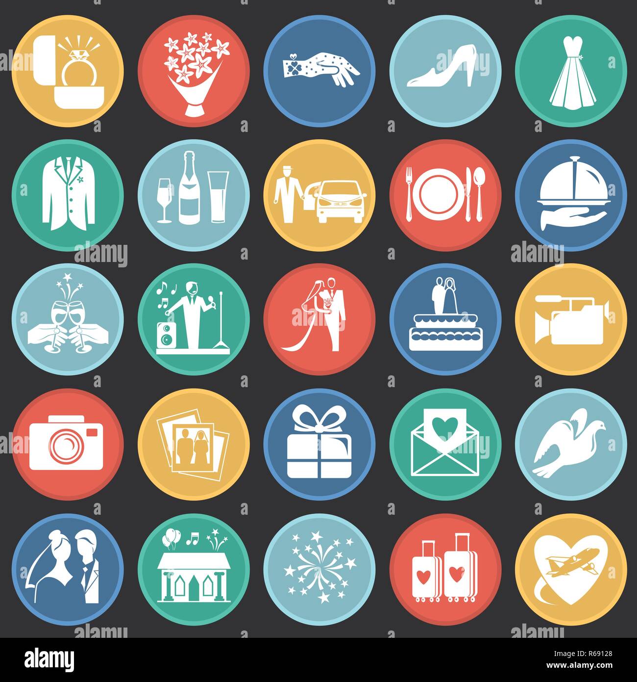 Wedding icons set on color circles black background for graphic and web ...