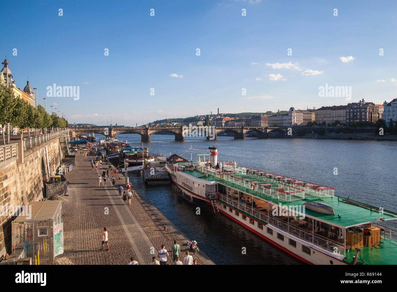Prague, Czech Republic - July 14 2018: The embankment of the river ...