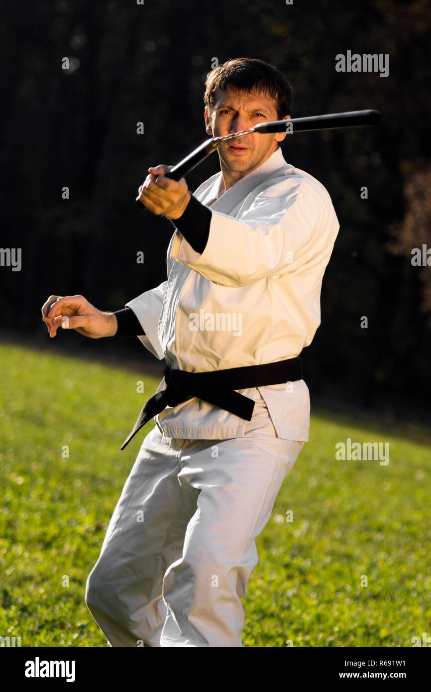 kungfu master with nunchaku Stock Photo - Alamy