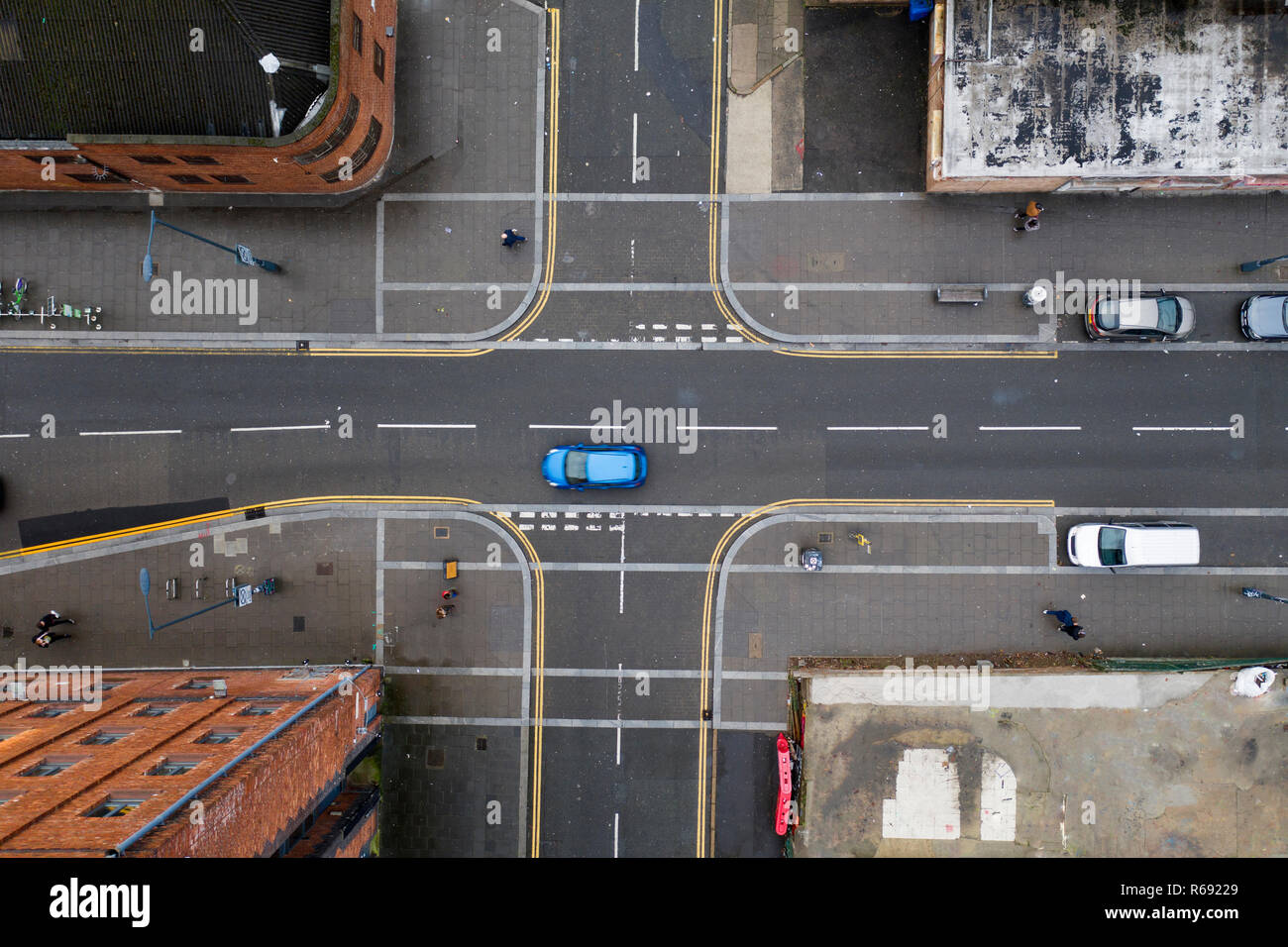 Aerial view of a crossroad junction in a town in the UK Stock Photo - Alamy
