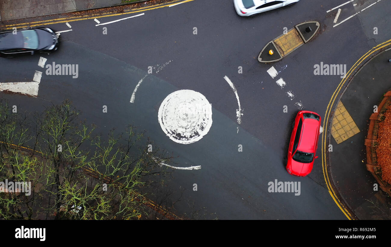 Aerial view of a roundabout road junction in the UK Stock Photo - Alamy