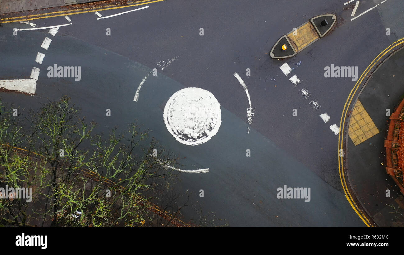 Aerial view of a roundabout road junction in the UK Stock Photo - Alamy