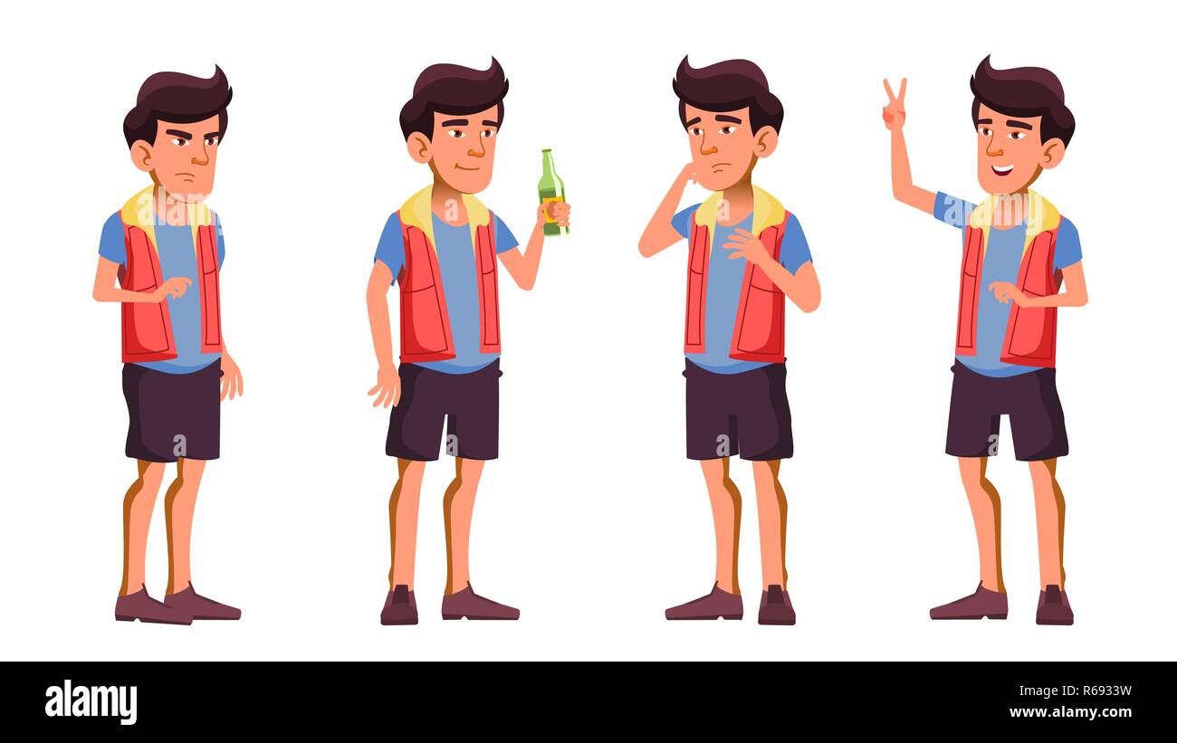 Asian Teen Boy Poses Set Vector. Beer. Hello. Funny, Friendship. For ...