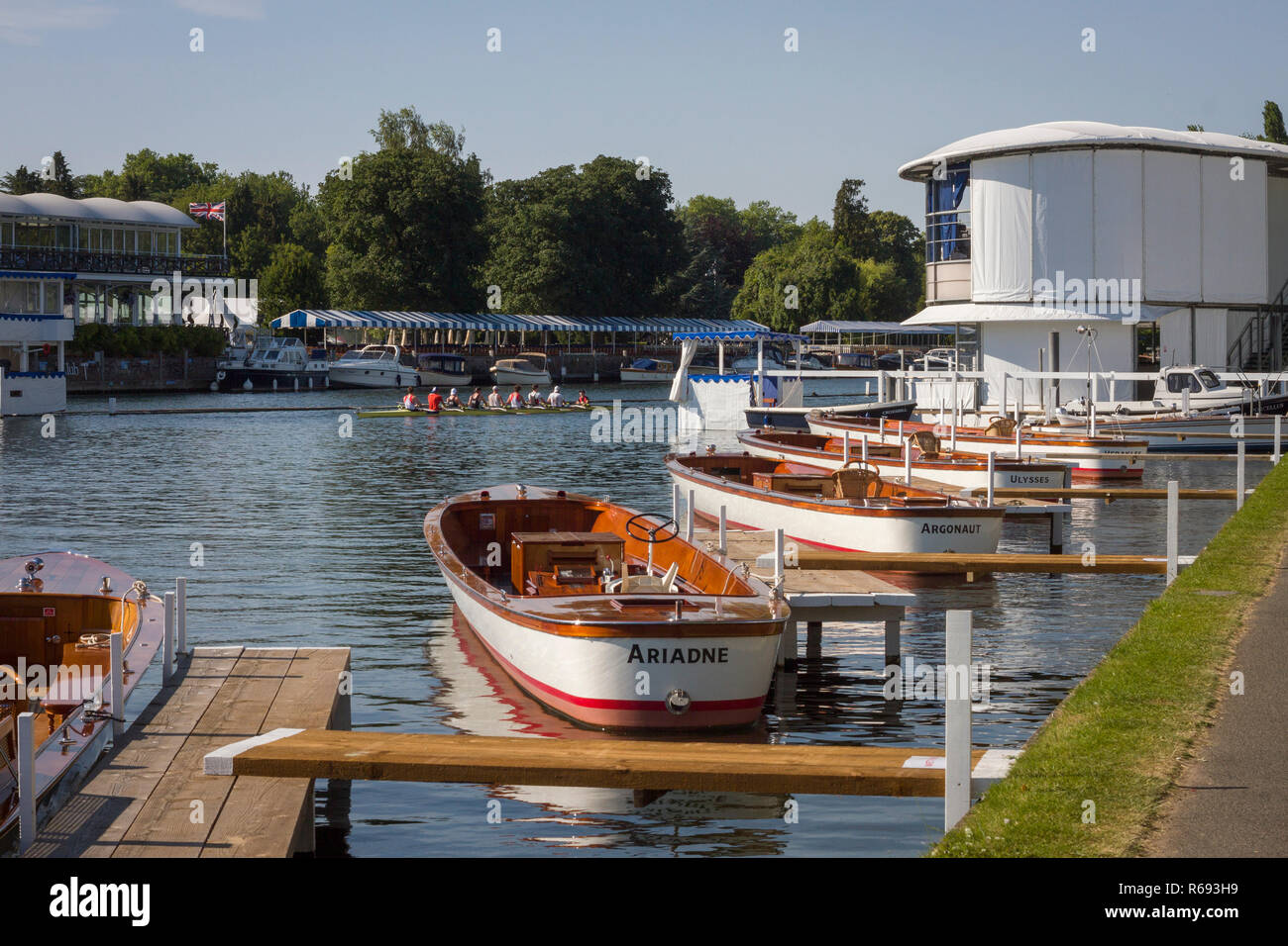 Umpire's Launches moored ready for a day of racing at Henley Royal ...