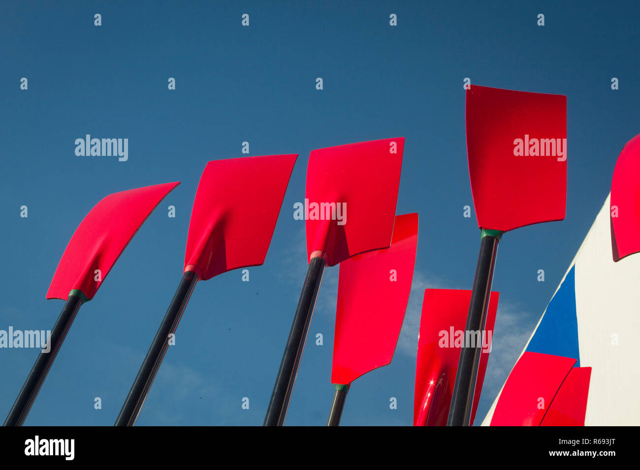 Colourful red oar blades by the blue and white boat tents against a ...