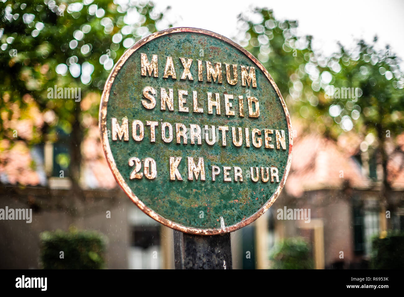 Old vintage dutch language road sign of iron with green patina and rust ...
