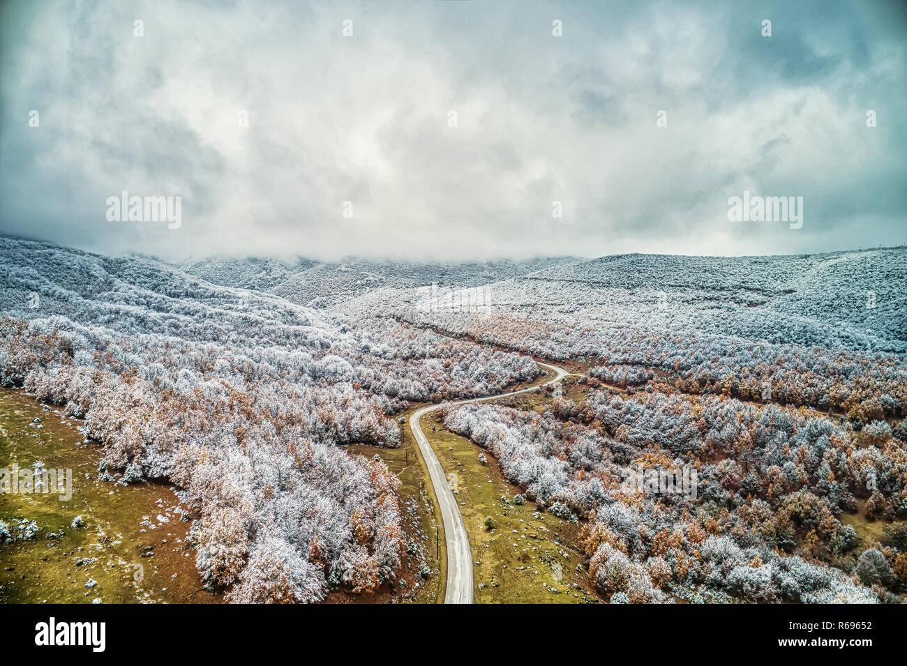 Aerial view of snowy forest with a road in the area of Vermio in ...