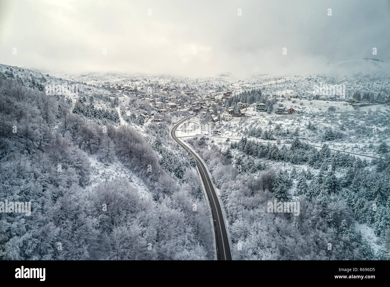 Aerial View of Seli Traditional Greek Village Covered by Snow ...