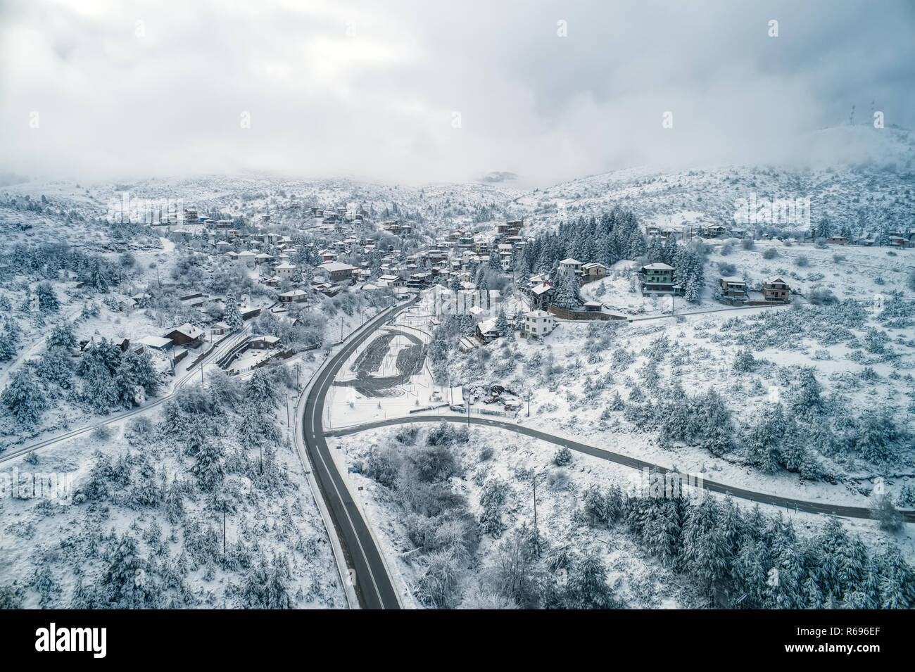 Aerial View of Seli Traditional Greek Village Covered by Snow ...