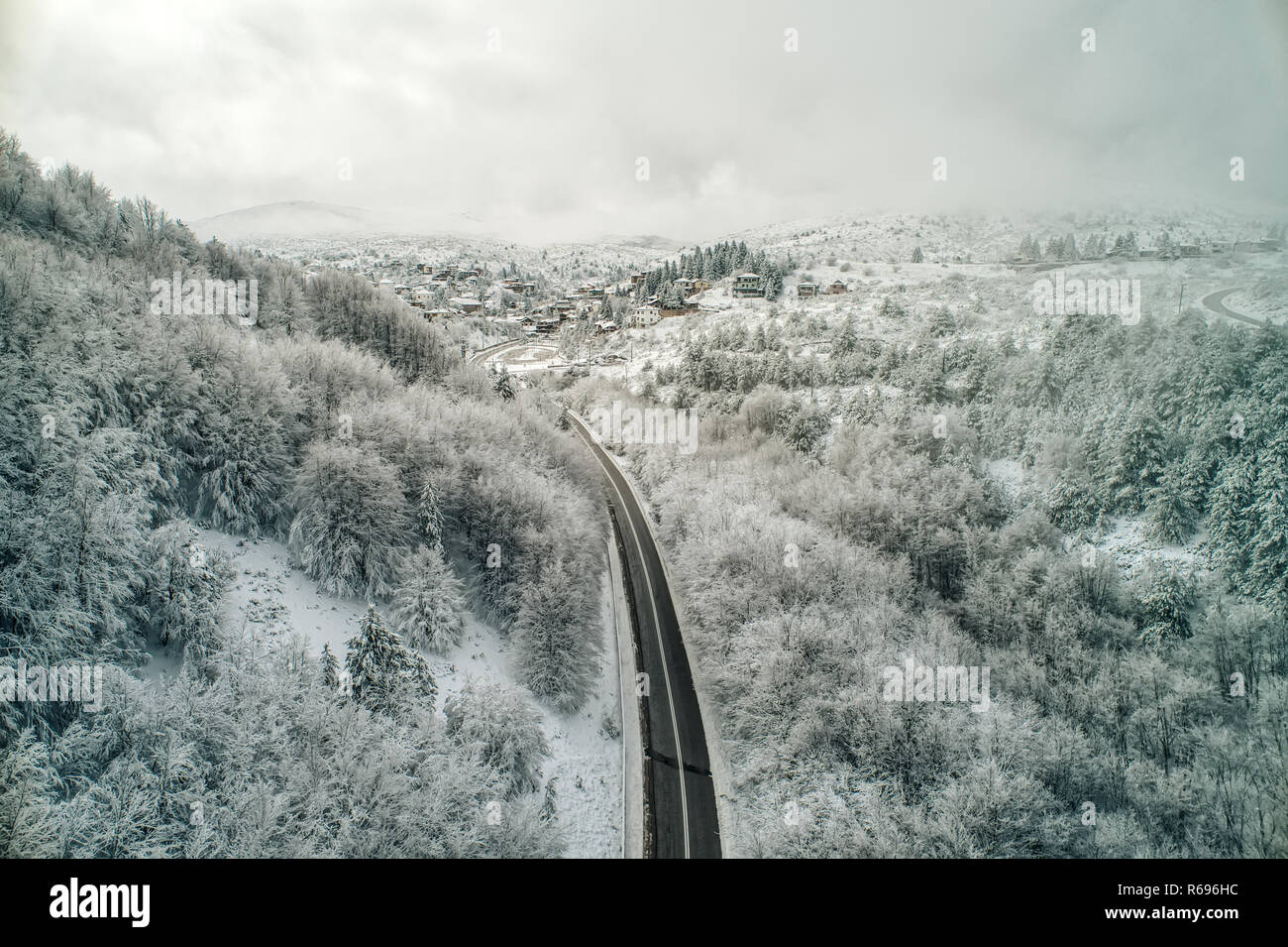 Aerial View of Seli Traditional Greek Village Covered by Snow ...