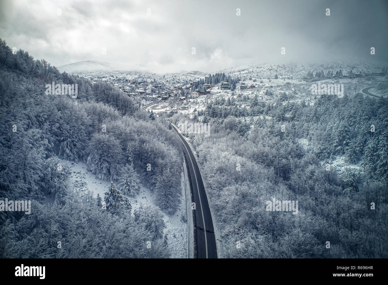 Aerial View of Seli Traditional Greek Village Covered by Snow ...