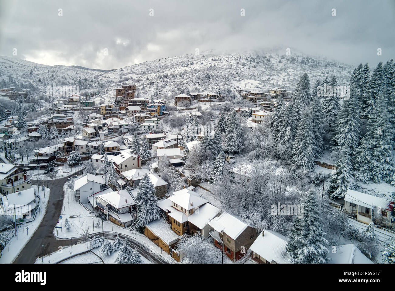 Aerial View of Seli Traditional Greek Village Covered by Snow in Winter ...