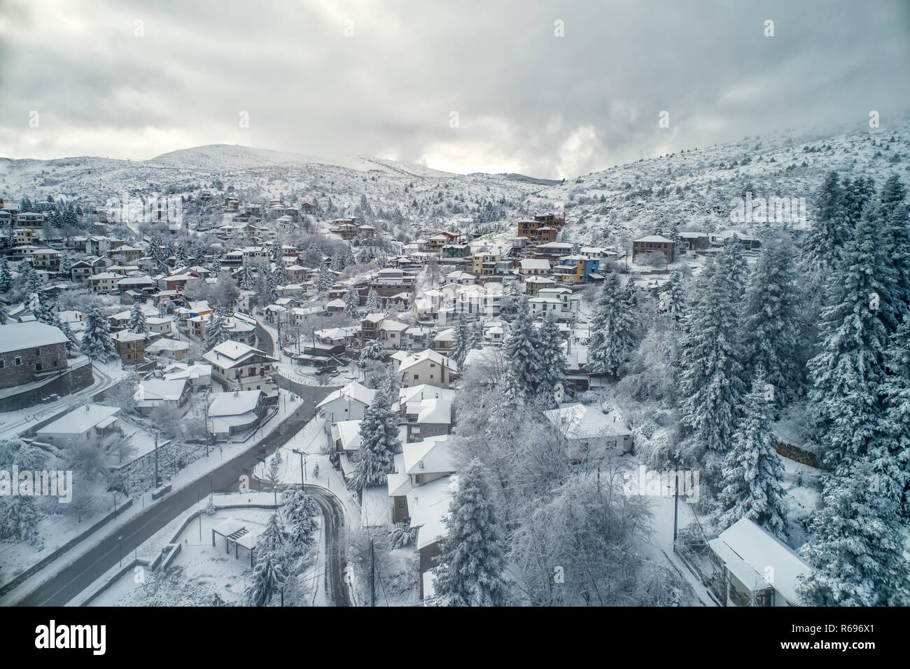 Aerial View of Seli Traditional Greek Village Covered by Snow in Winter ...