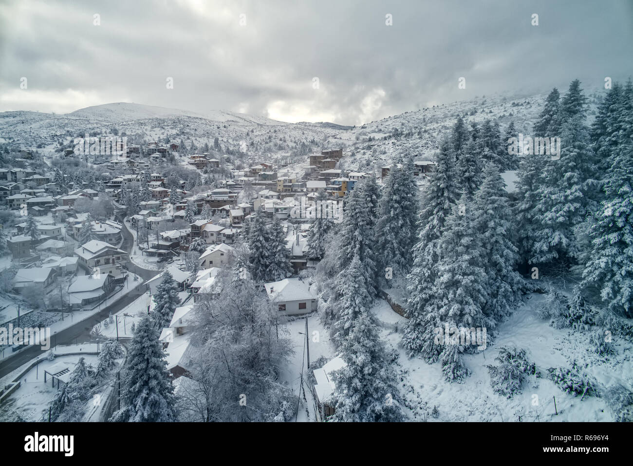 Aerial View of Seli Traditional Greek Village Covered by Snow in Winter ...