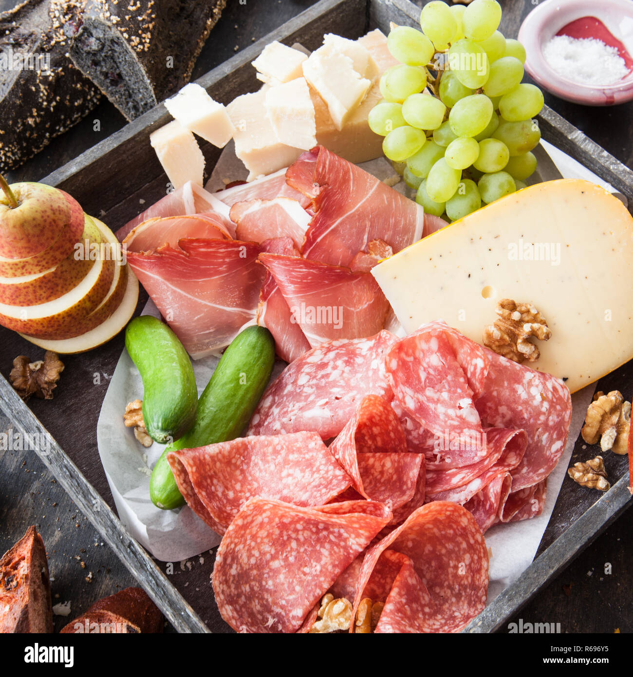 Variety Of Salami And Cheeses Stock Photo - Alamy