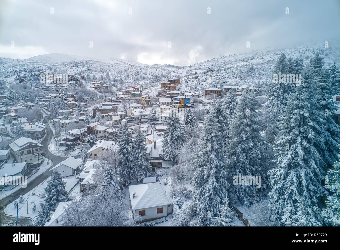 Aerial View of Seli Traditional Greek Village Covered by Snow in Winter ...