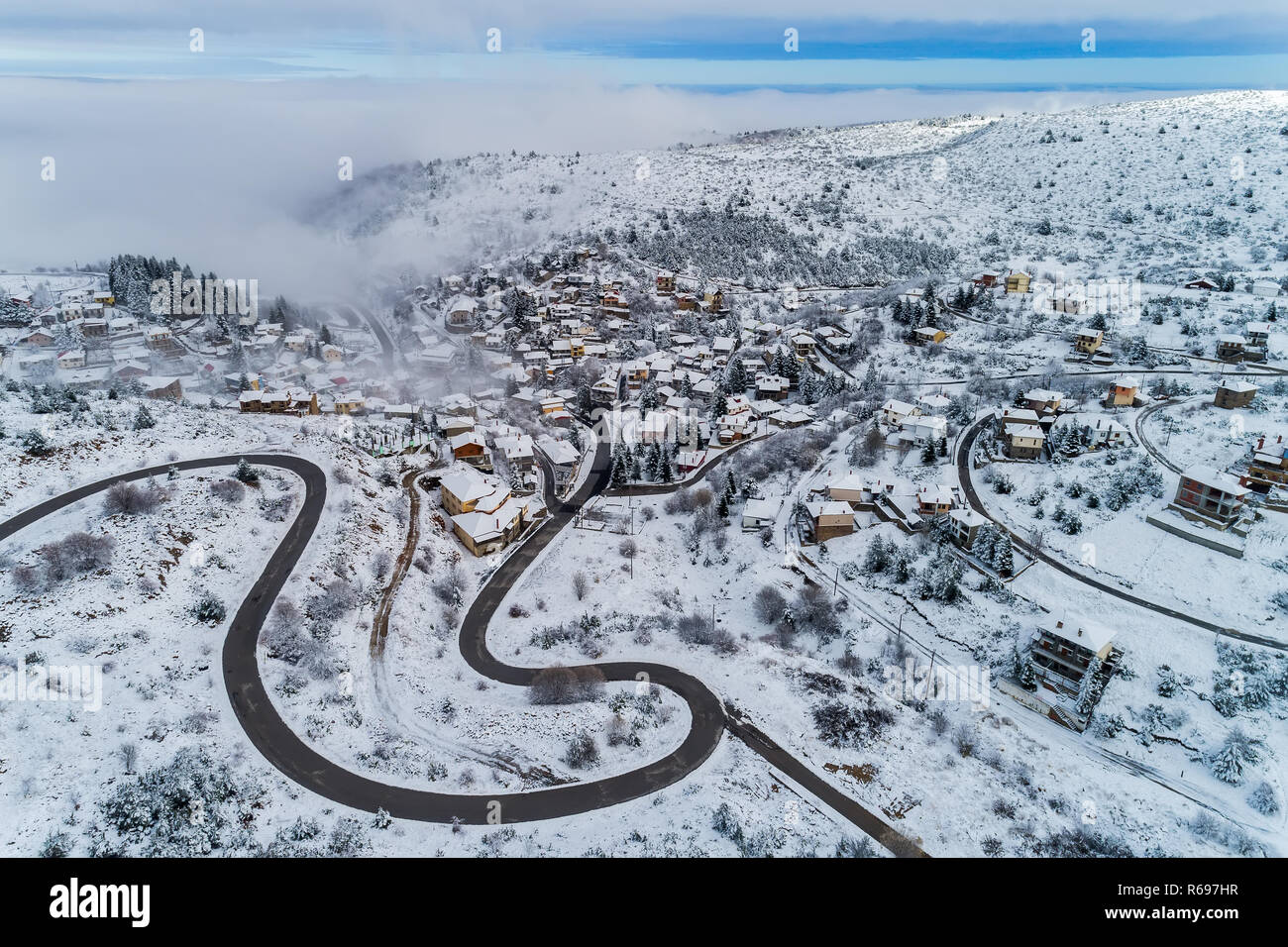Aerial View of Seli Traditional Greek Village Covered by Snow in Winter ...