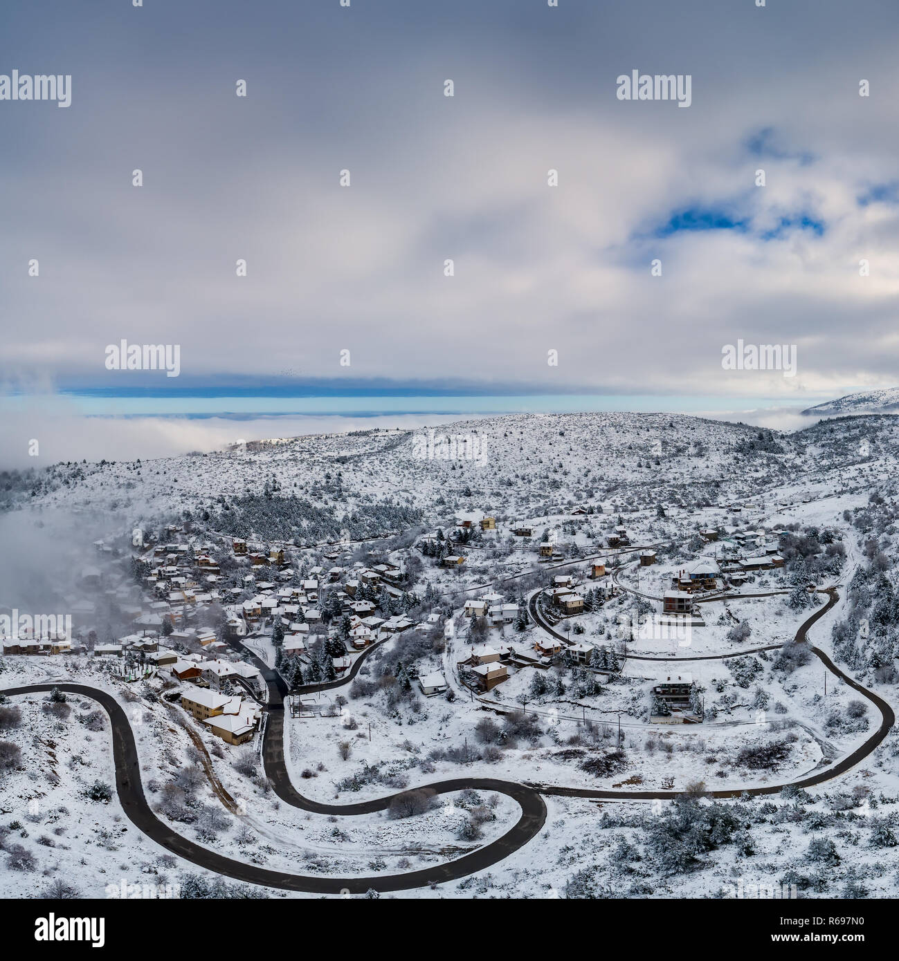 Aerial View of Seli Traditional Greek Village Covered by Snow in Winter ...
