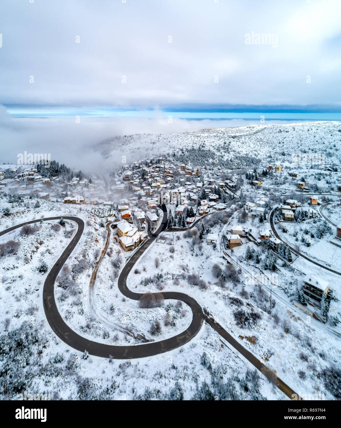 Aerial View of Seli Traditional Greek Village Covered by Snow in Winter ...
