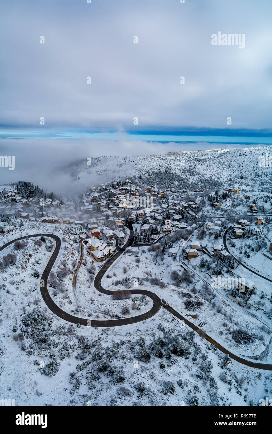 Aerial View of Seli Traditional Greek Village Covered by Snow in Winter ...