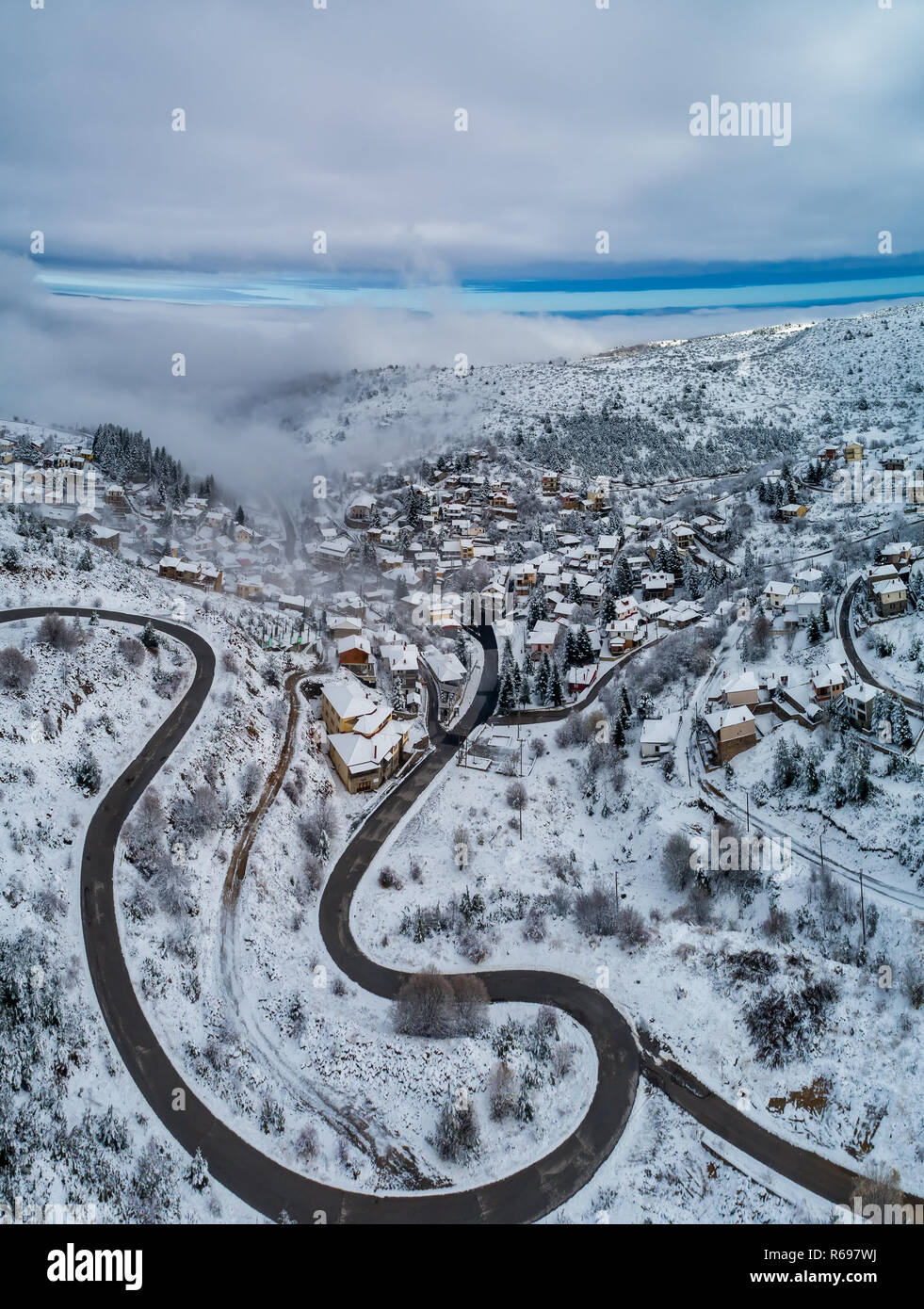 Aerial View of Seli Traditional Greek Village Covered by Snow in Winter ...