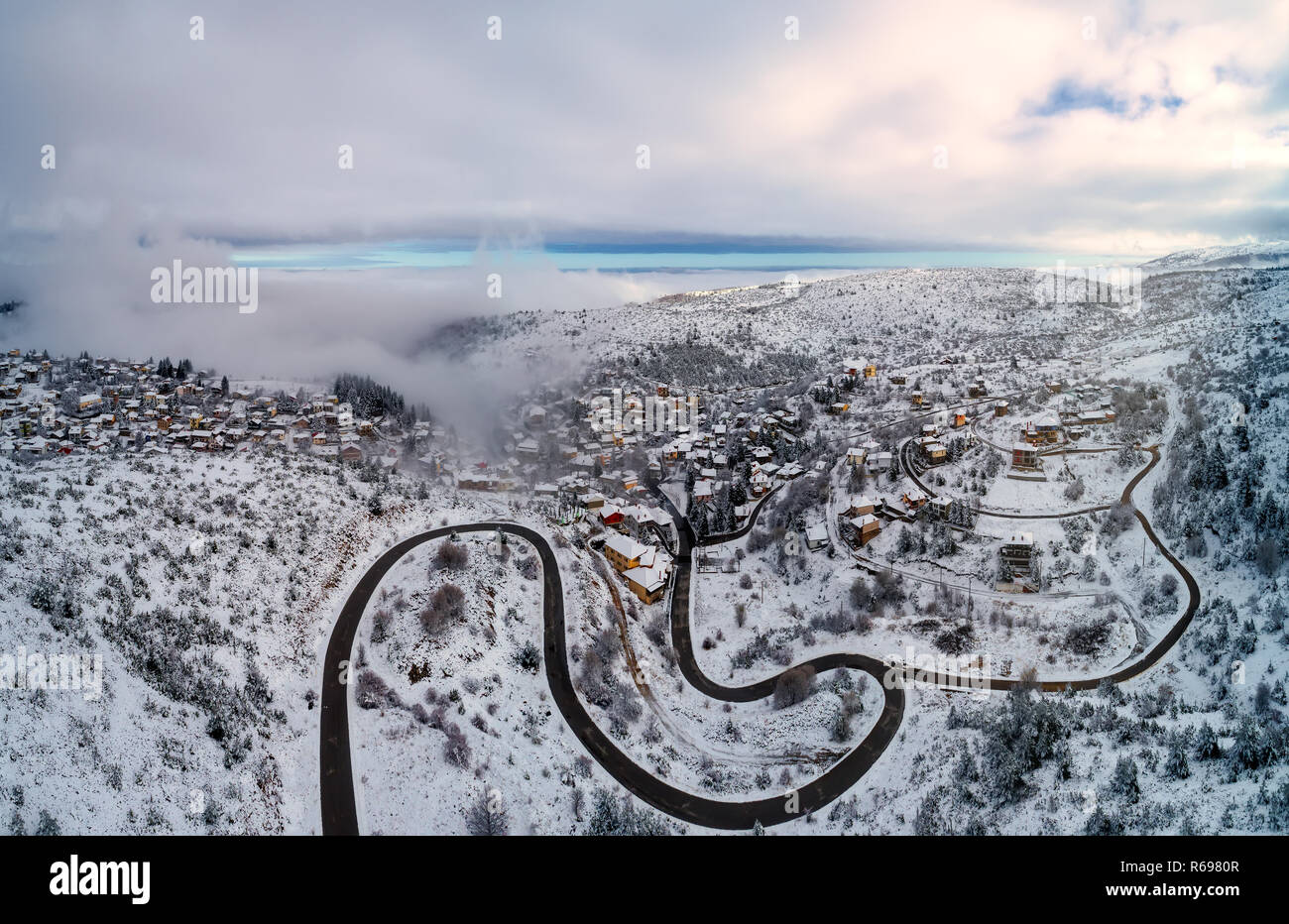 Aerial View of Seli Traditional Greek Village Covered by Snow in Winter ...