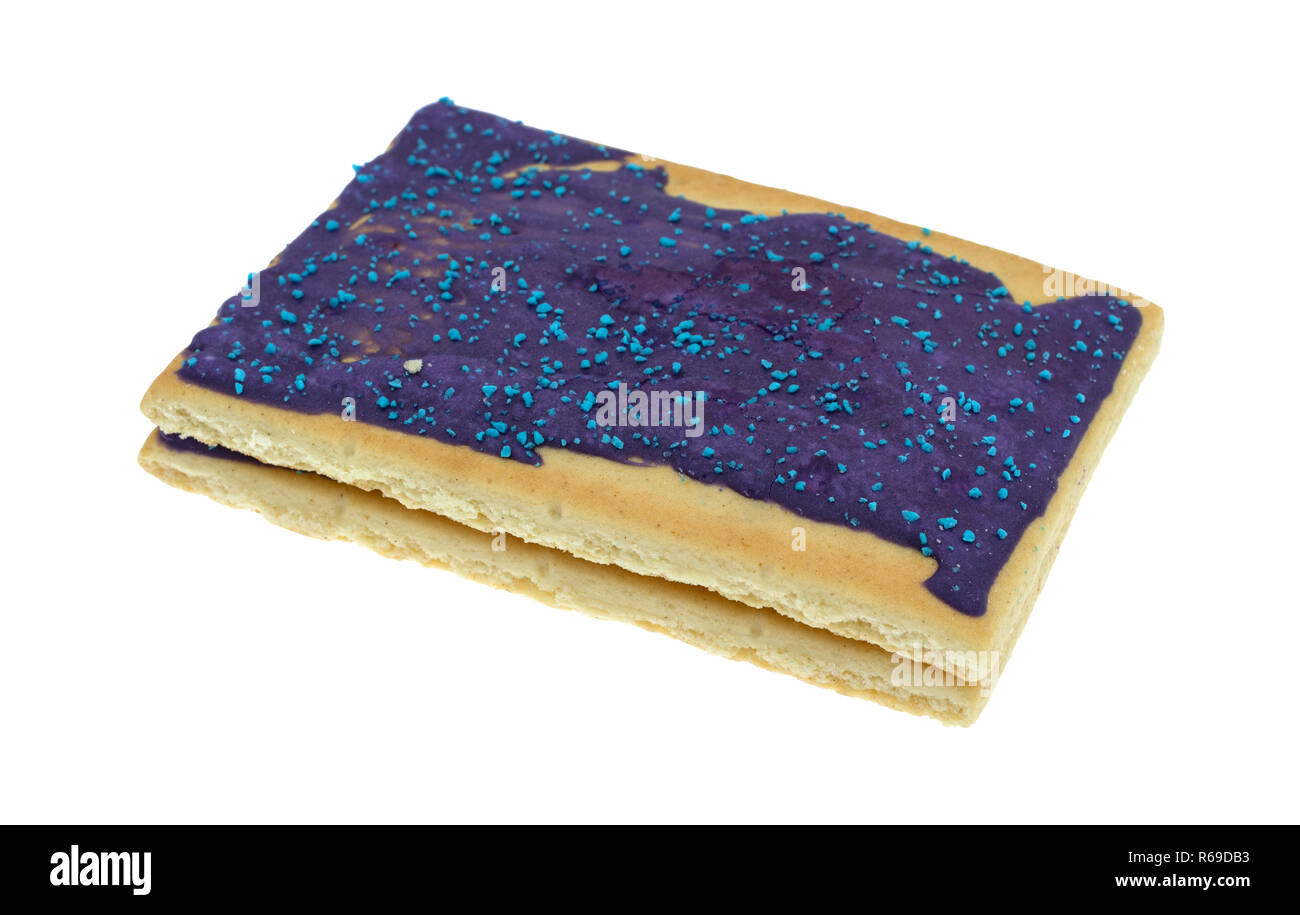 Side view of two purple icing toaster pastries isolated on a white ...