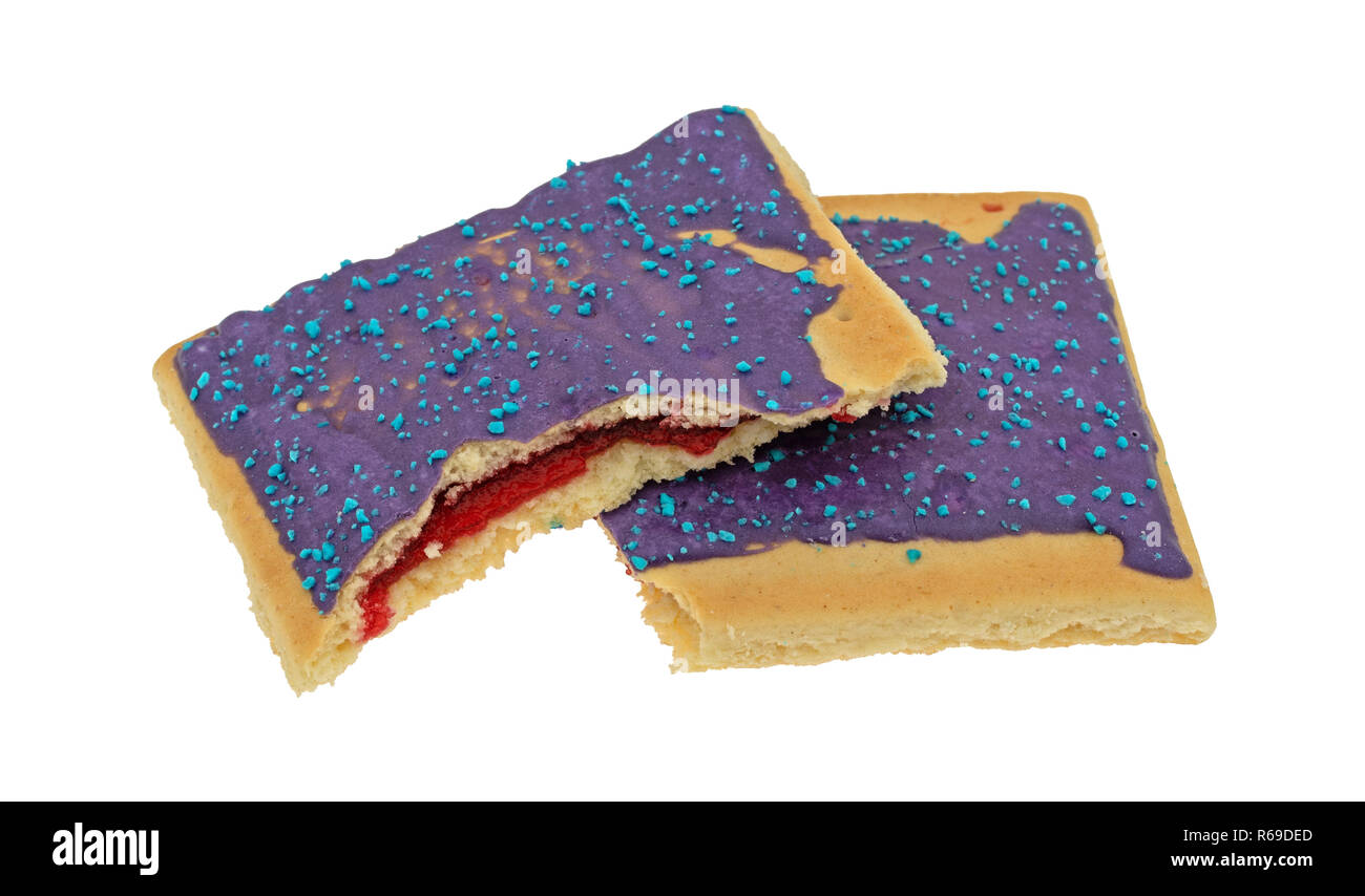 Side view of a broken purple icing strawberry flavor toaster pastry ...