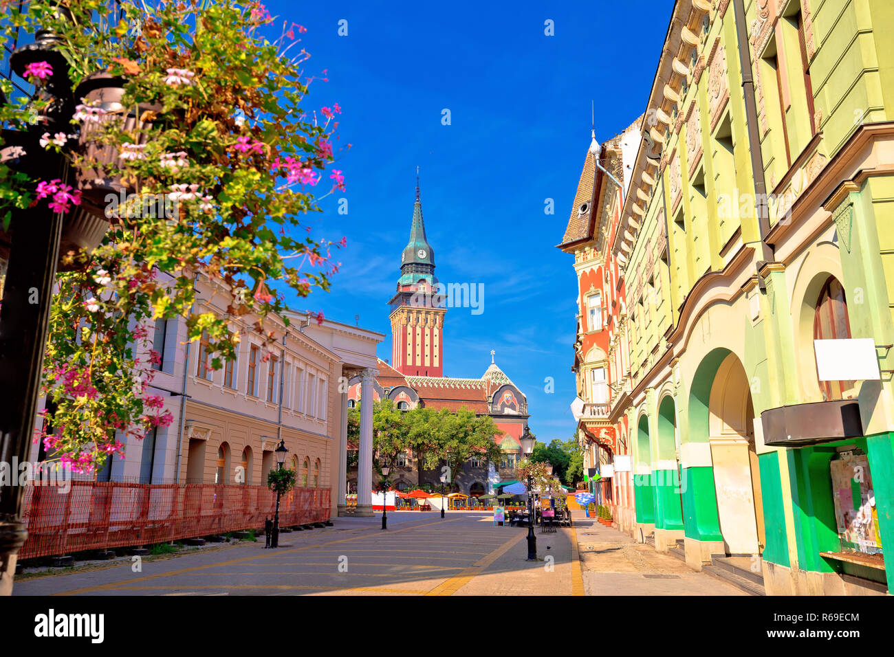 Subotica city hall and main square colorful street view, Vojvodina ...