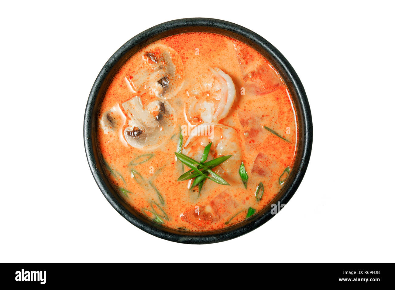 Thai soup Tom Yam Kung or Tom Yum with mushrooms and shrimp. Isolated ...