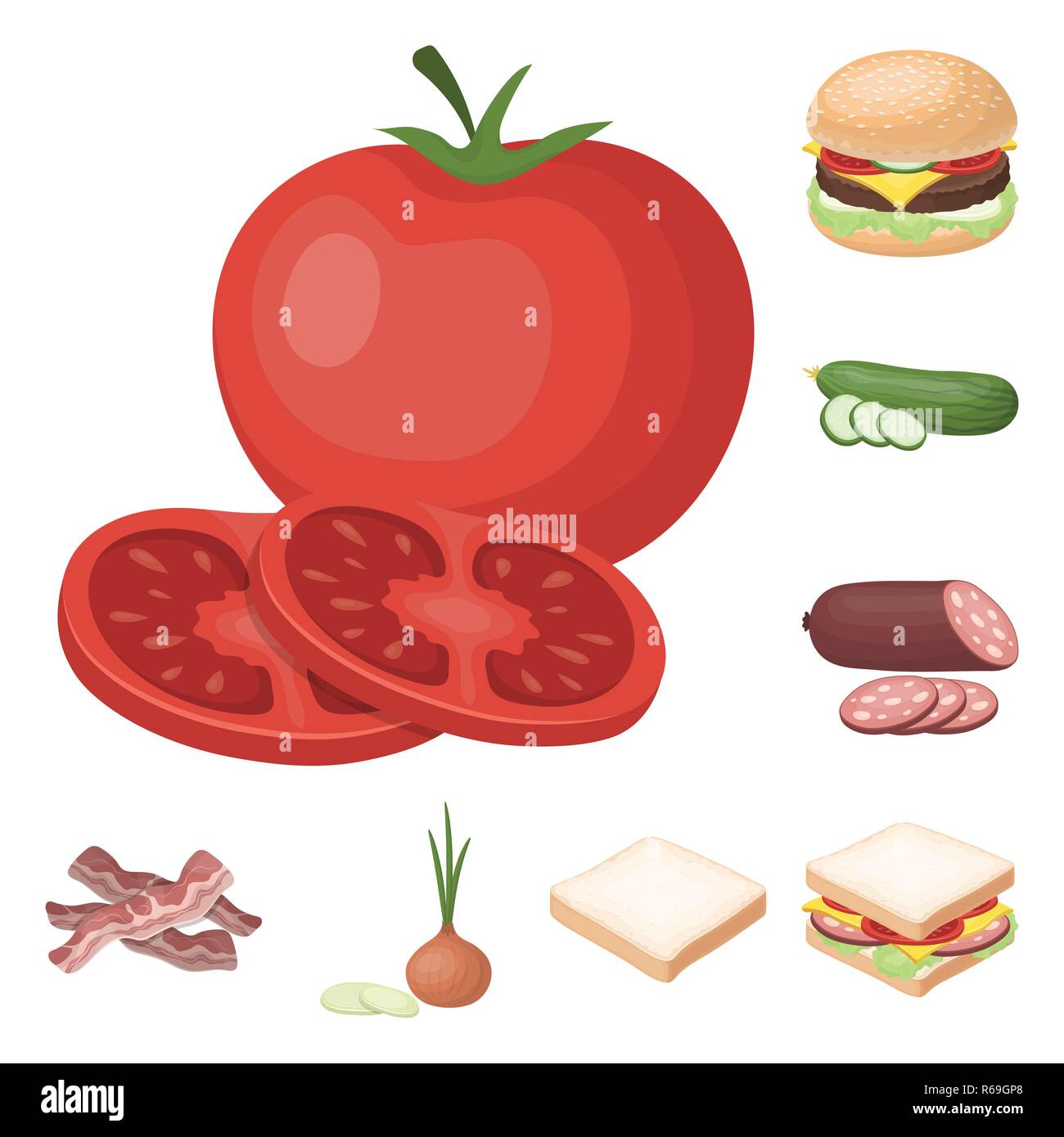 Burger and ingredients cartoon icons in set collection for design ...
