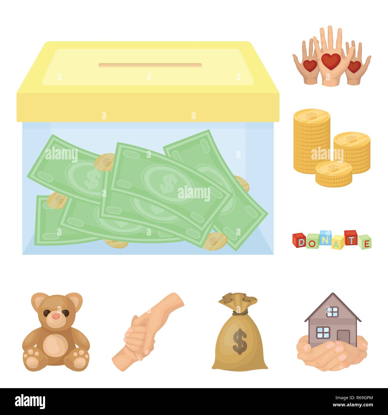 Charity and donation cartoon icons in set collection for design ...