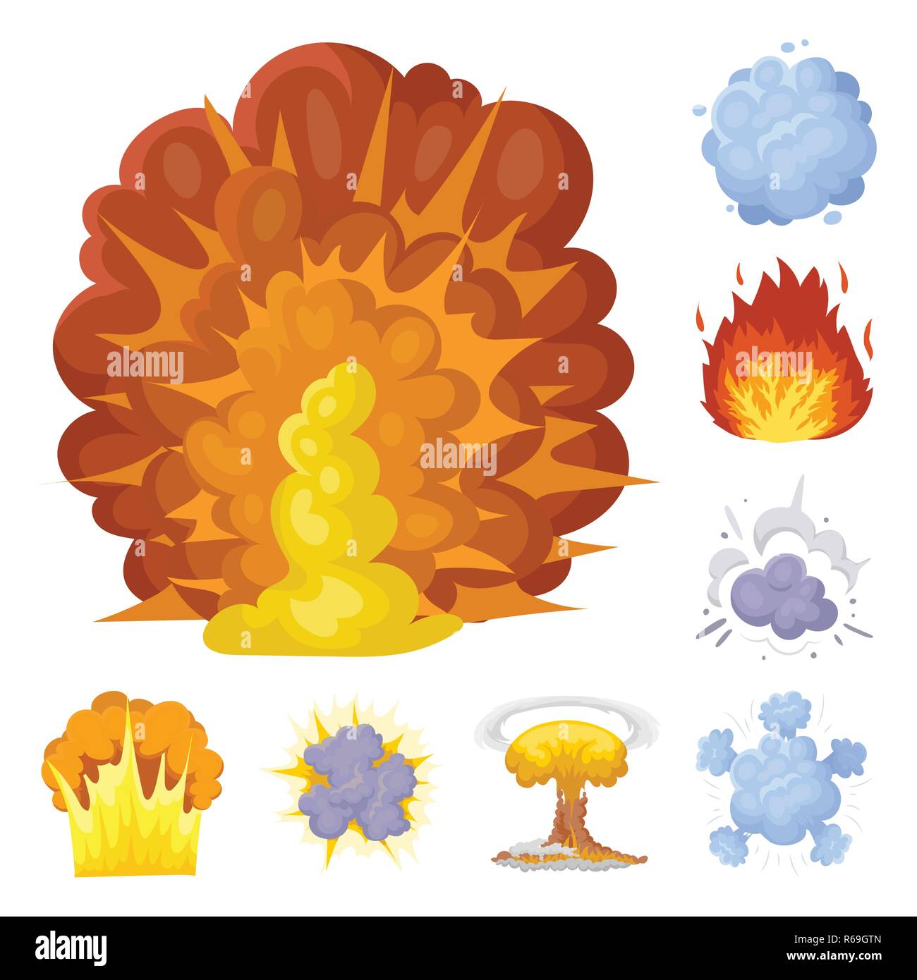 Different explosions cartoon icons in set collection for design.Flash ...