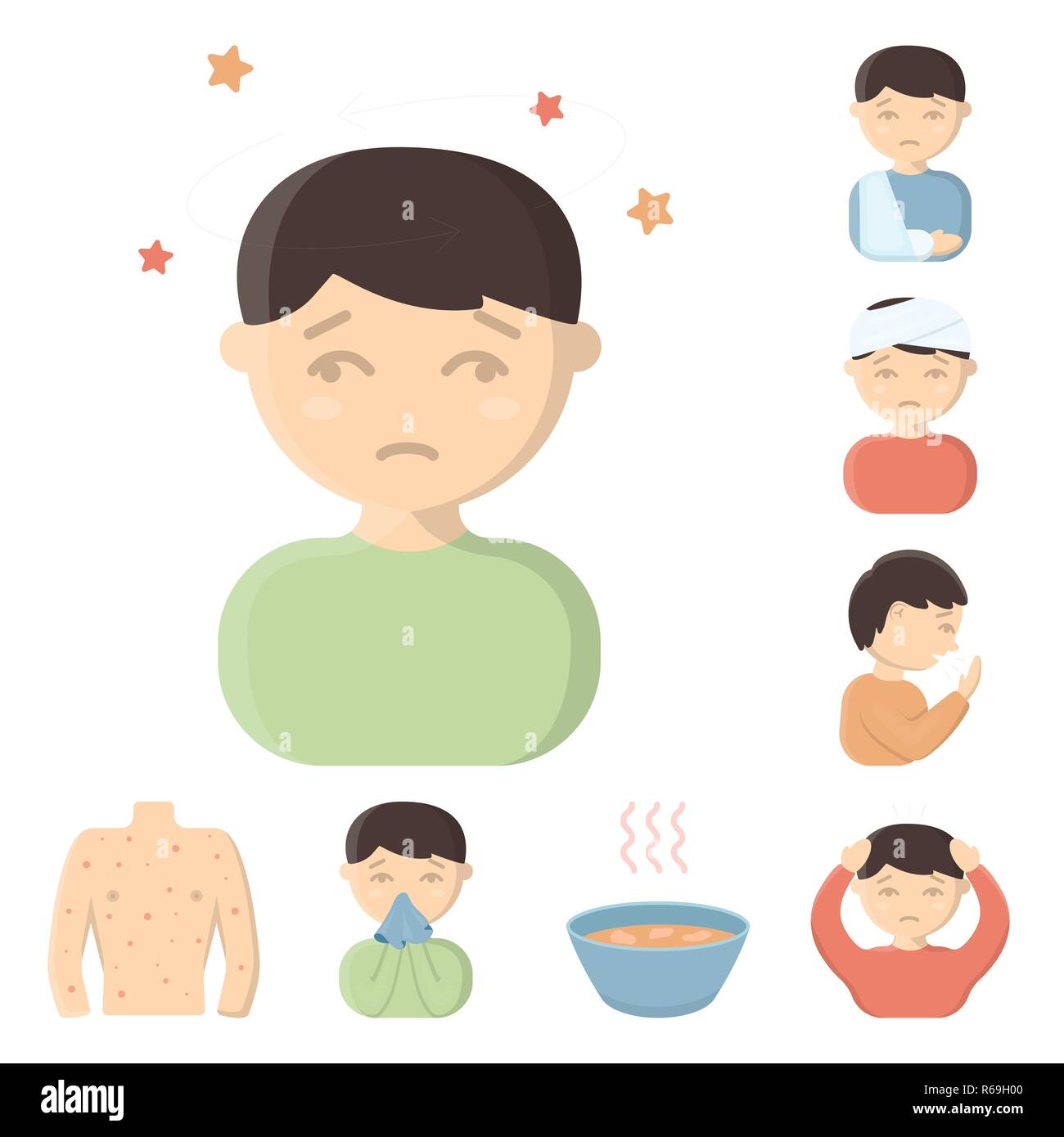 The sick man cartoon icons in set collection for design.Illness and ...