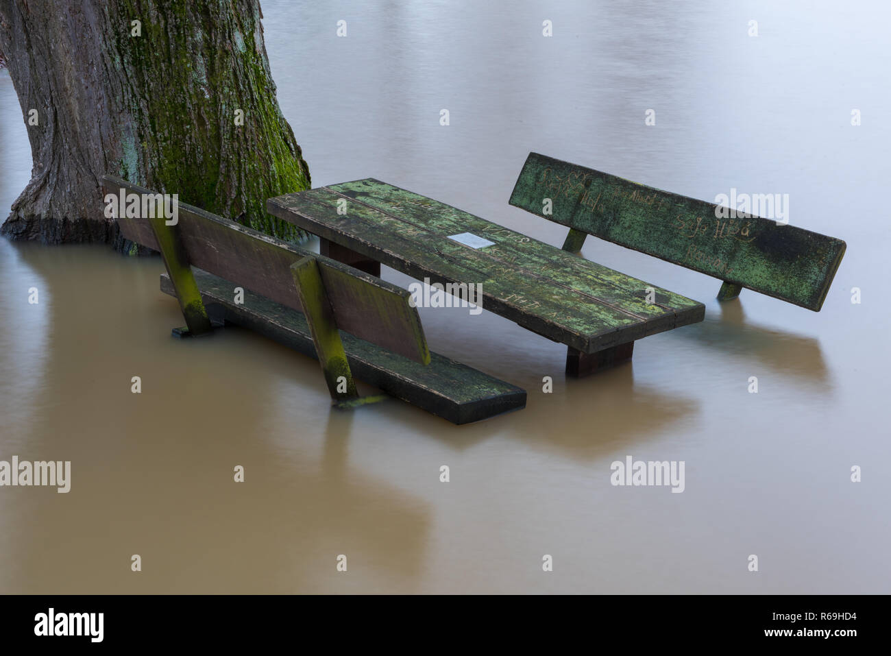 Flood, Table And Benches In The Water Stock Photo - Alamy