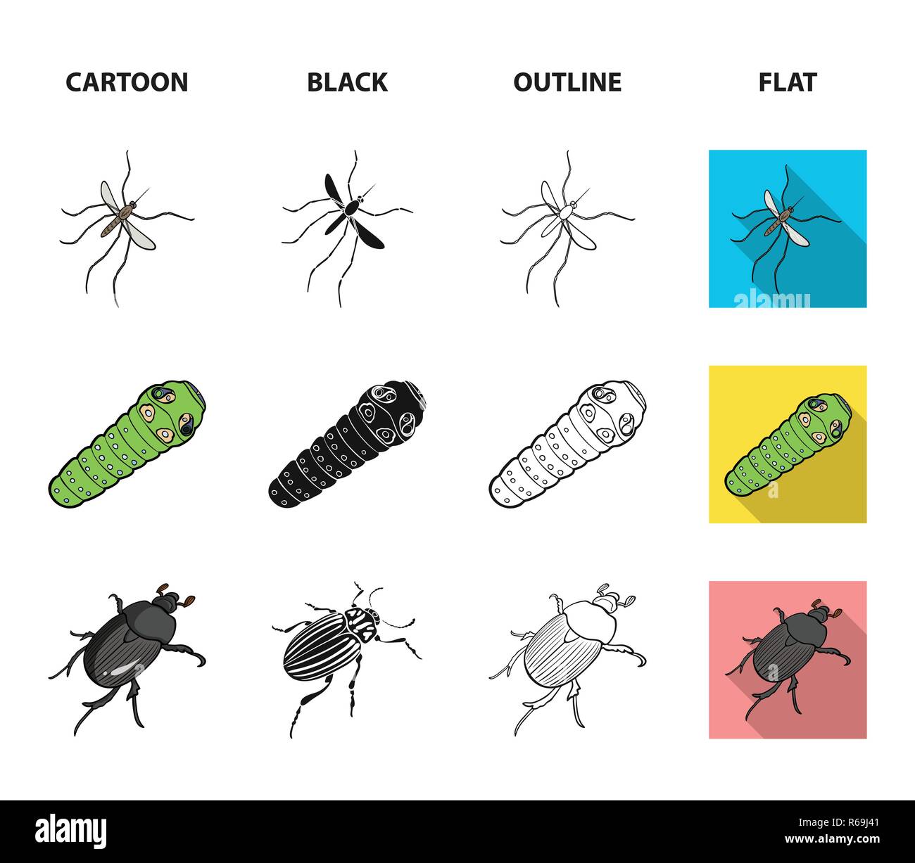 Arthropods insect mosquito, bee.Earth worm, caterpillar,vermicular set ...