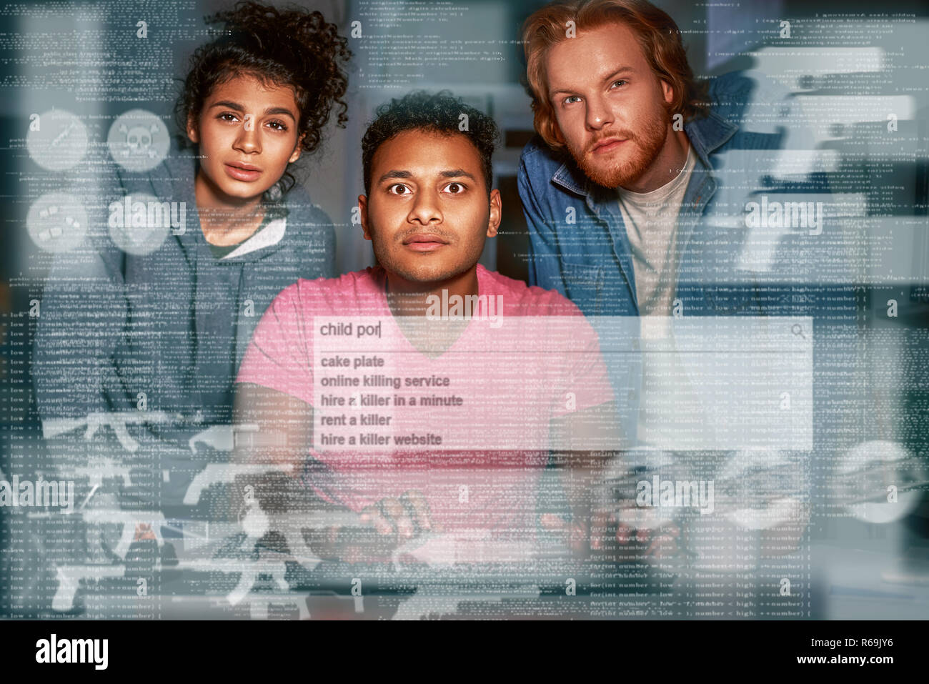 Three people searching secret information in darknet. Look to the ...